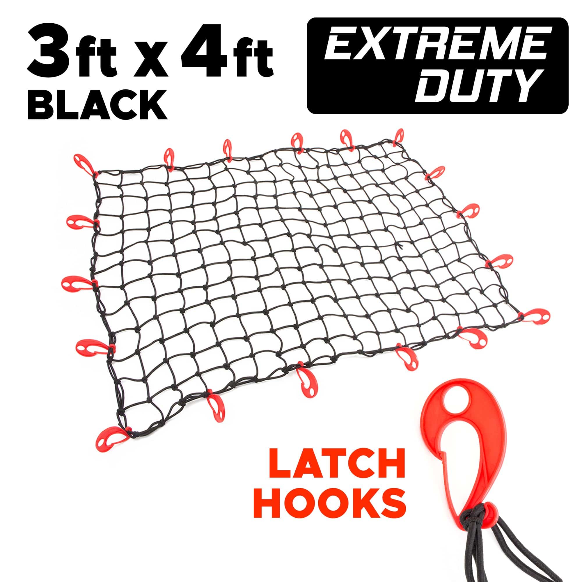 3ft x 4ft EXTREME-DUTY Cargo Net, BLACK with LATCH Hooks (each) – PowerTye