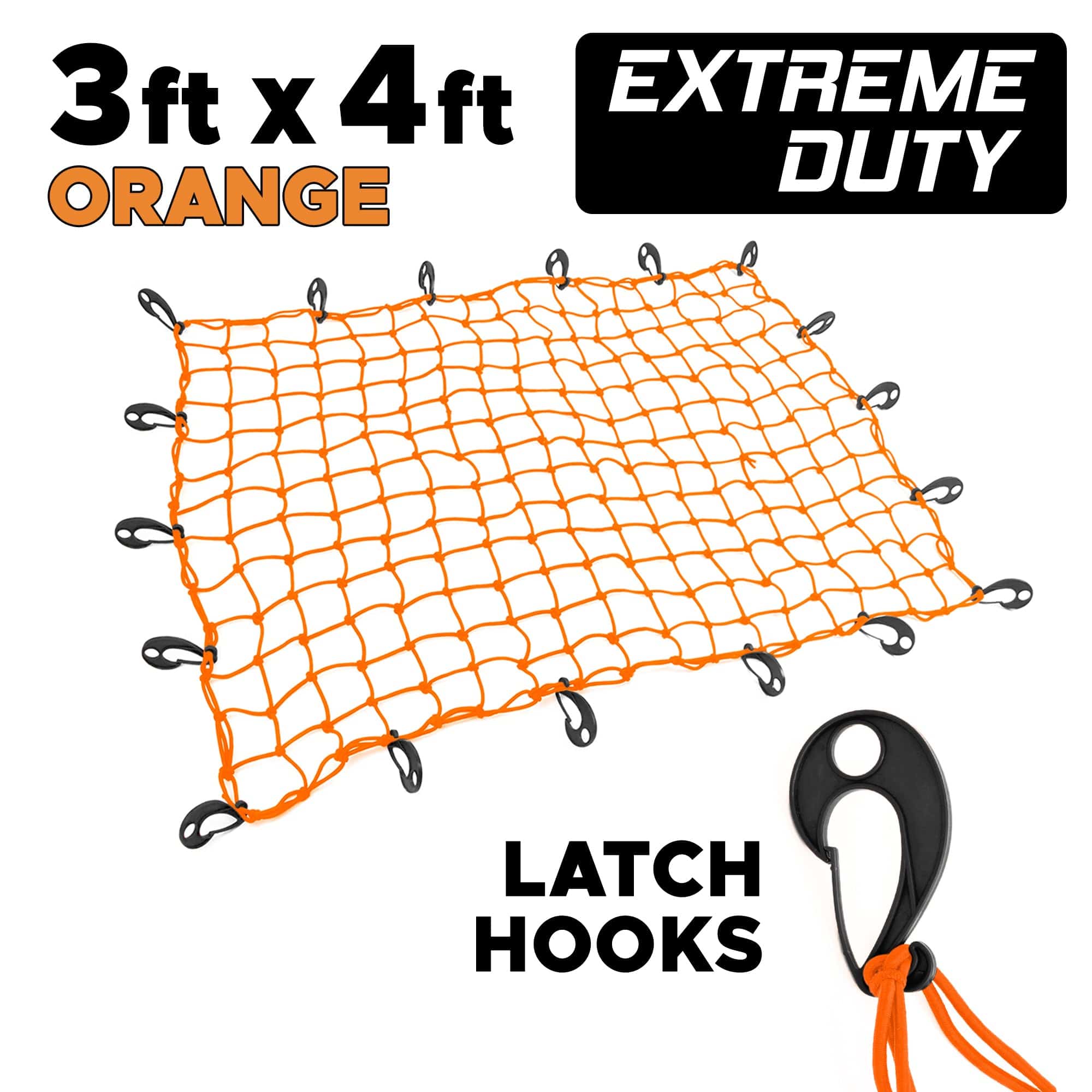 3ft x 4ft EXTREME-DUTY Cargo Net, ORANGE with LATCH Hooks (each) – PowerTye
